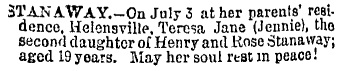 Theresa Jane (Jennie) Stanaway 1873 – 1893 | Captain John James ...